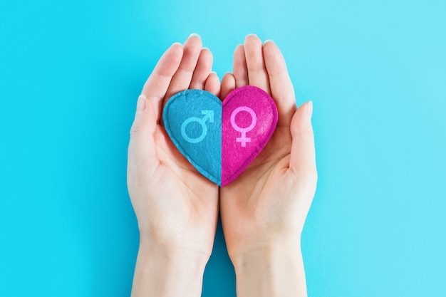 Las Manos Femeninas Sostienen Un Corazón Con Un Símbolo Masculino Y