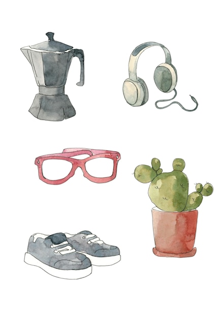 Conjunto de itens de estilo de vida: cafeteira, tênis, cacto, óculos ... Conjunto de itens de estilo de vida: cafeteira, tênis, cacto, óculos ...