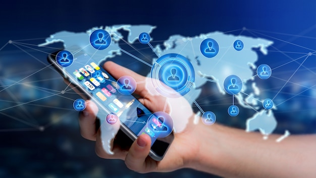 Homem negócios, usando, um, smartphone, com, um, rede, sobre, um ... Homem negócios, usando, um, smartphone, com, um, rede, sobre, um ...