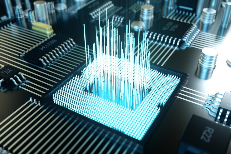 3d 그림 컴퓨터 칩 인쇄 회로 기판의 프로세서 클라우드로의 데이터 전송의 개념입니다 인공 지능 형태의 중앙 프로세서