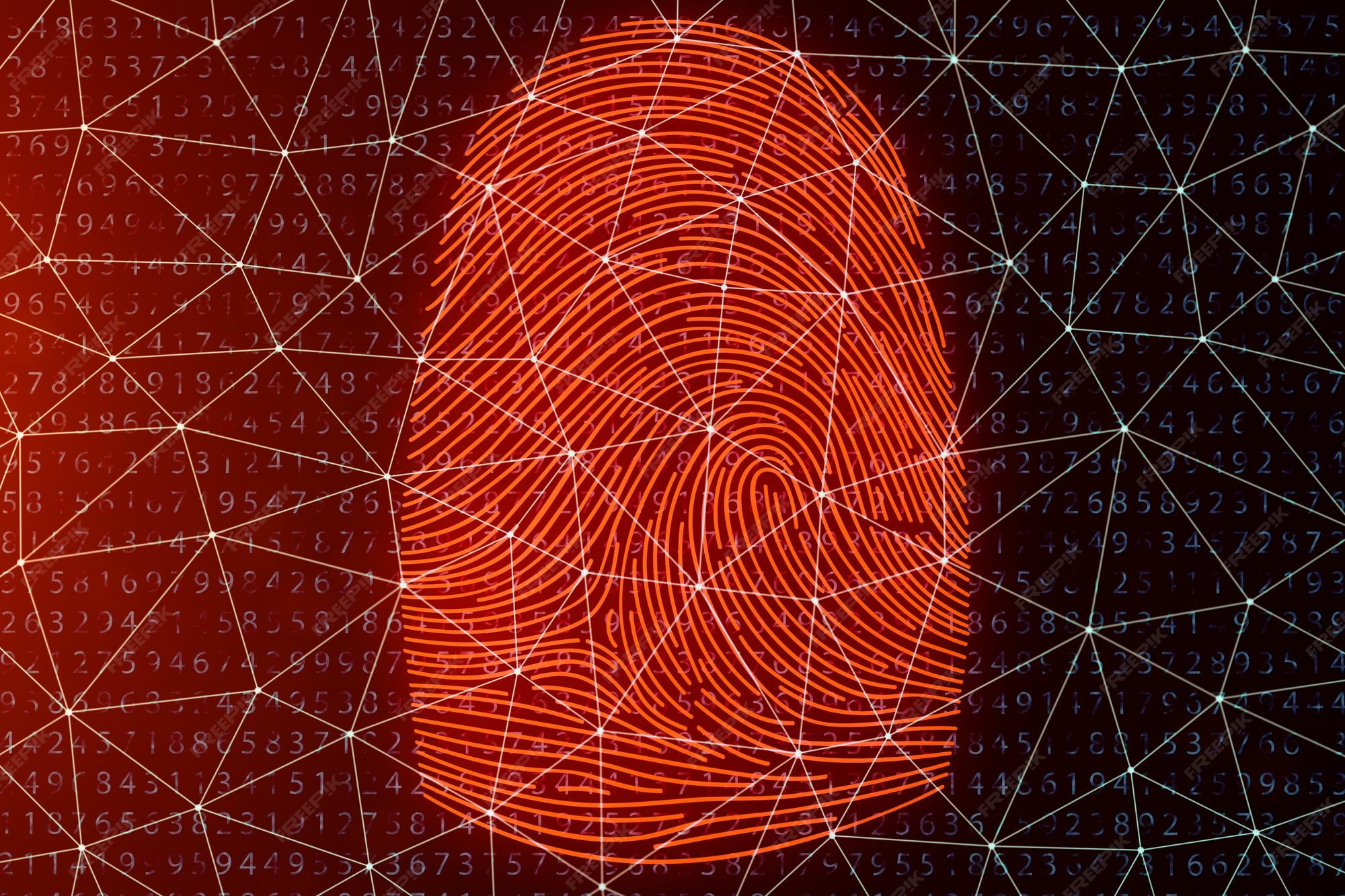 3d 그림 지문 스캔은 생체 인식을 통한 보안 액세스를 제공합니다 개념 지문 해킹 위협 바이너리 코드가 있는 지문 디지털 보안의 개념입니다 프리미엄 사진