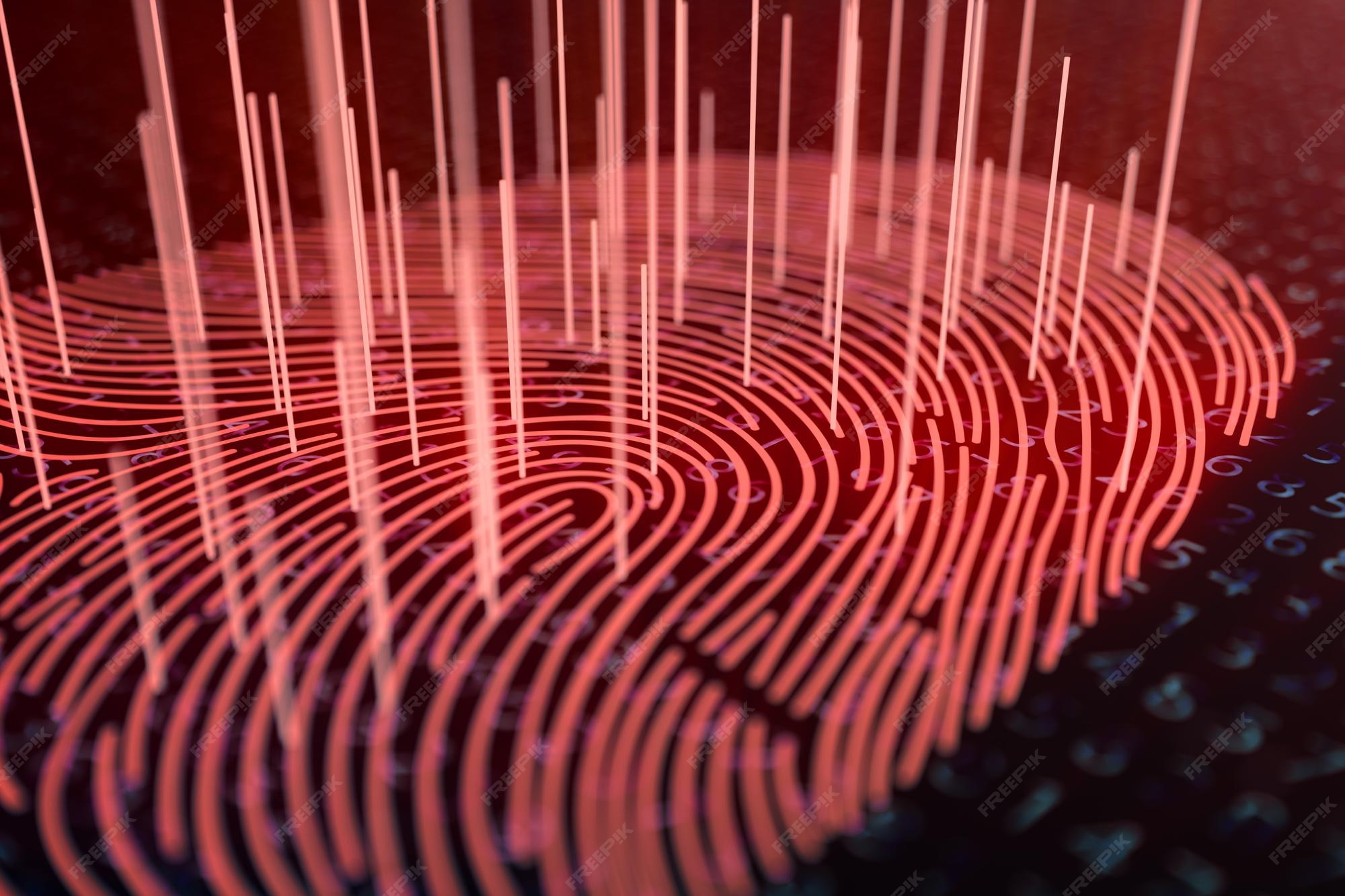 3d 그림 지문 스캔은 생체 인식을 통한 보안 액세스를 제공합니다 개념 지문 해킹 위협 바이너리 코드가 있는 지문 디지털 보안의 개념입니다 프리미엄 사진