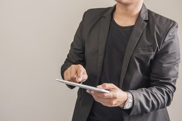 Premium Photo Businessman Holding Tablet On Touchscreen