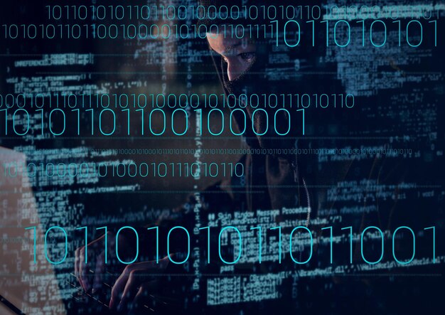 Premium Photo | Composition of binary coding and data processing over hacker in balaclava
