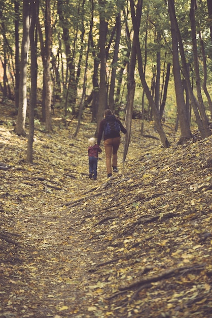 Premium Photo Father With Son Walking In The Autumn Forest Back View
