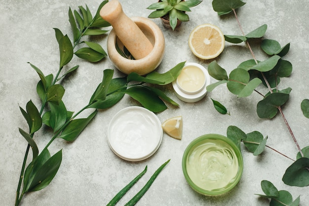 Premium Photo Flat Lay Composition With Cosmetic Products Natural