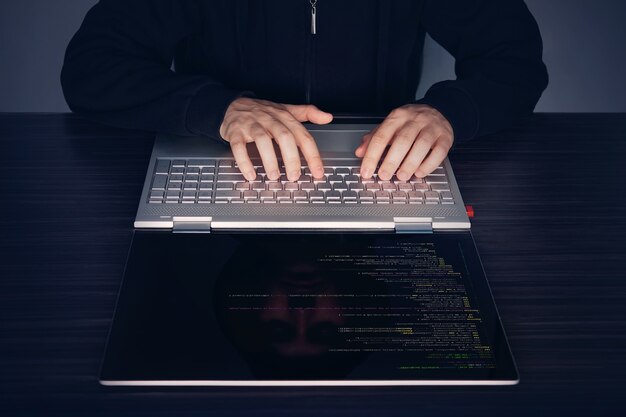 Premium Photo Hacker Using Laptop Lots Of Digits On The Computer Screen Modern Slim 