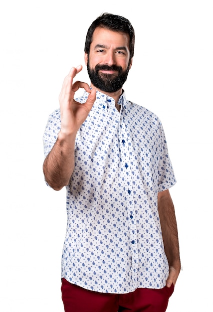 Free Photo Handsome Brunette Man With Beard Making Ok Sign