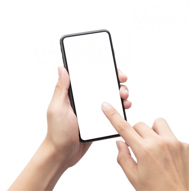 Premium Photo Male Hand Holding The Black Smartphone And Touching On