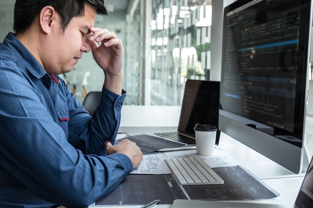 Premium Photo Man Programmer Stressed And Headache Project In