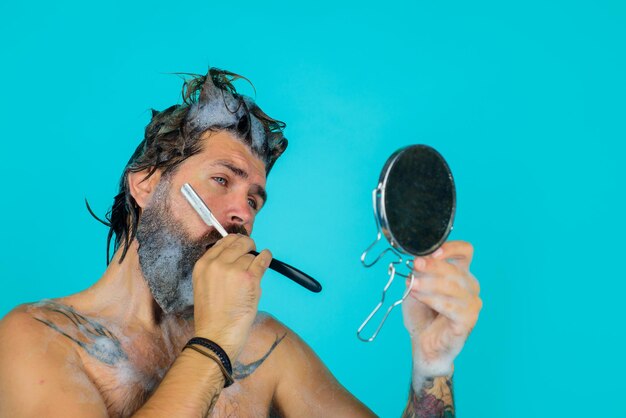 Premium Photo Man Shave Beard In Shower Washing Bearded Man Shave