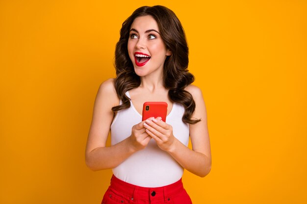 Premium Photo Millennial Lady Open Mouth Hold Telephone Look Side