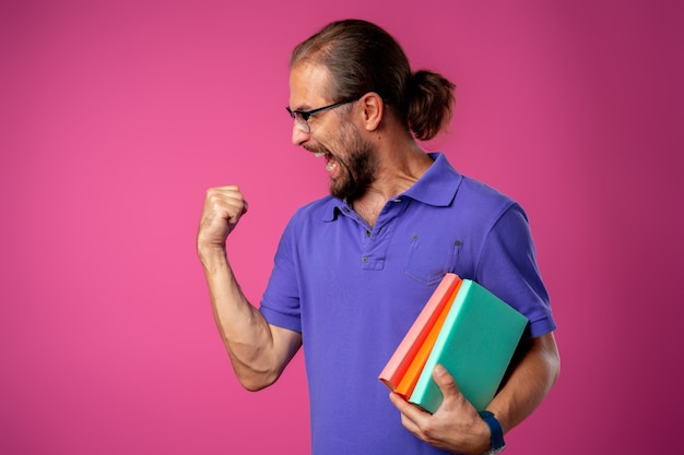 Premium Photo Overjoyed Funny Bearded Man In Glasses Celebrating