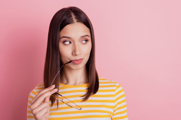 Premium Photo Photo Of Cute Flirty Cunning Tempting Lady Bite Glasses Look Side Empty Space On