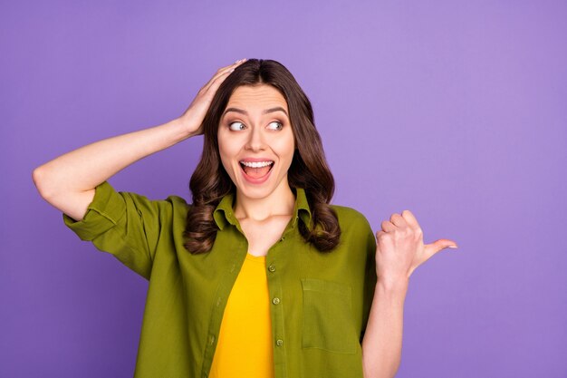 Premium Photo Portrait Of Crazy Astonished Girl Impressed Indicate