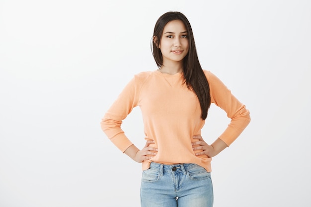 Free Photo Portrait Of Cute Tanned Brunette In Casual Clothes