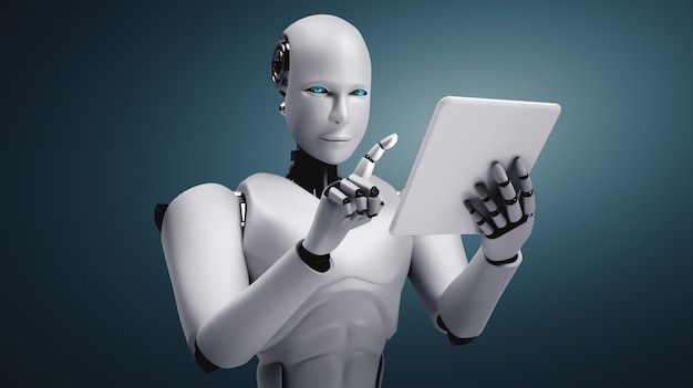 Premium Photo | Robot humanoid using tablet computer in future office Premium Photo | Robot humanoid using tablet computer in future office