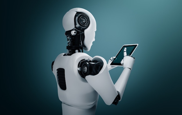 Premium Photo | Robot humanoid using tablet computer in future office Premium Photo | Robot humanoid using tablet computer in future office