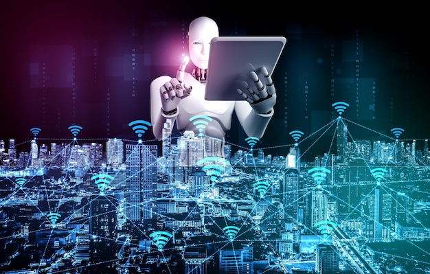 Premium Photo | Robot humanoid using tablet computer for global network ... Premium Photo | Robot humanoid using tablet computer for global network ...