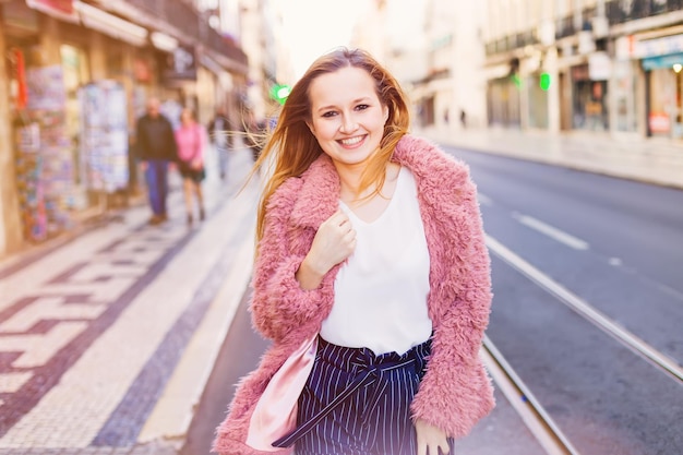 Premium Photo Stylish Beauty Woman In Casual Clothes Walking On Road