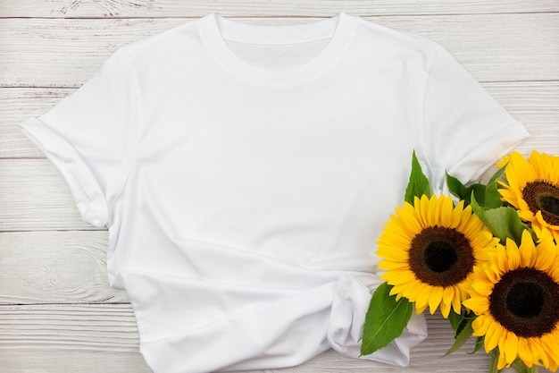 Premium Photo White Womens Cotton T Shirt Mockup With Sunflowers On