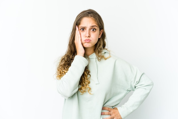 Premium Photo Young Caucasian Woman Blows Cheeks Has Tired