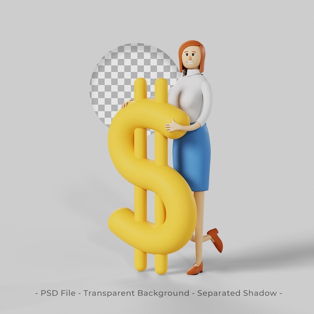 Premium Psd 3d Character Of Business Woman And Big Dollar Logo Icon