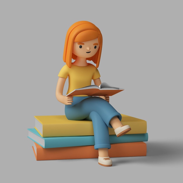 Free Psd 3d Female Character Reading A Book