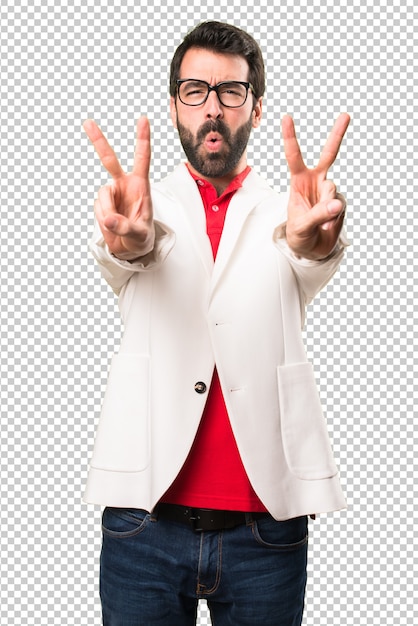 Premium Psd Brunette Man With Glasses Making Victory Gesture