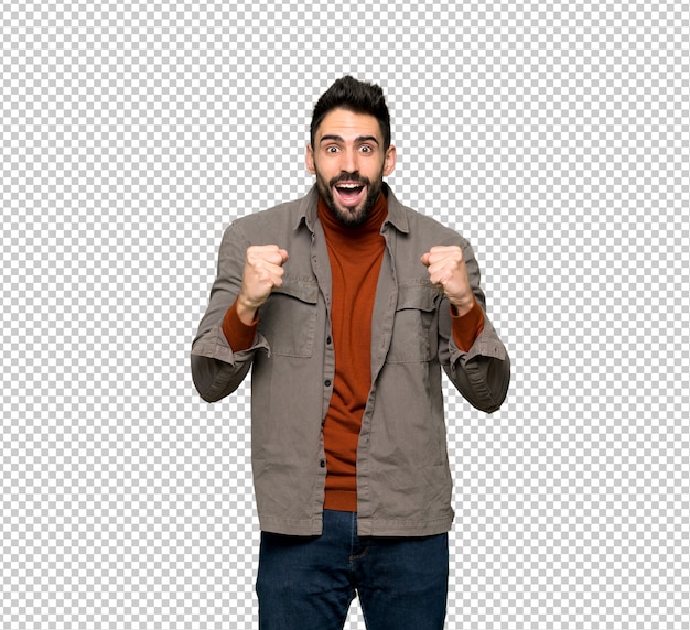 Premium PSD | Handsome man with beard celebrating a victory in winner ... Premium PSD | Handsome man with beard celebrating a victory in winner ...