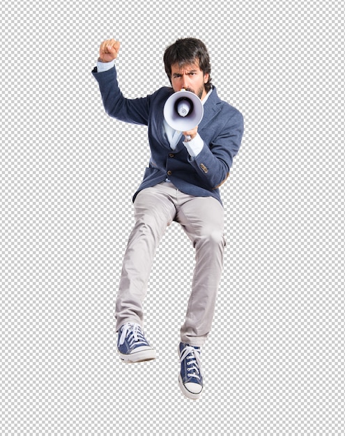 Premium PSD | Man shouting over isolated white background Premium PSD | Man shouting over isolated white background