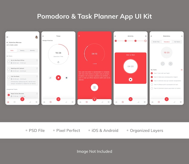 Premium PSD | Pomodoro task planner app ui kit Premium PSD | Pomodoro task planner app ui kit