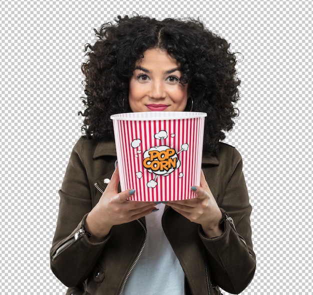 Premium PSD | Young woman holding popcorn Premium PSD | Young woman holding popcorn