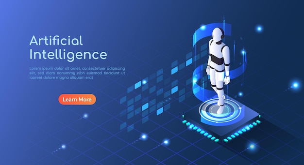 3d 아이소메트릭 웹 배너 Ai 로봇은 컴퓨터 칩 회로 기판에 떠 있습니다 인공 지능 및 기계 학습 개념 방문 페이지 프리미엄 벡터