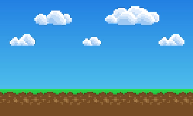 ピクセルアートゲームの背景、草、空、雲 | プレミアムベクター ピクセルアートゲームの背景、草、空、雲 | プレミアムベクター