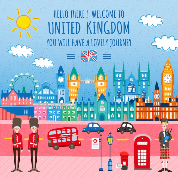 Premium Vector | Adorable united kingdom travel poster design with ... Premium Vector | Adorable united kingdom travel poster design with ...