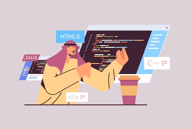 Premium Vector Arab Programmer Writing Code For Computer App Engineering Software Coding