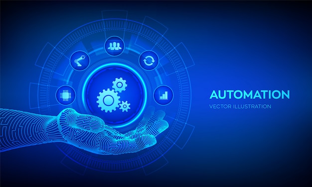 Premium Vector | Automation icon in robotic hand background Premium Vector | Automation icon in robotic hand background