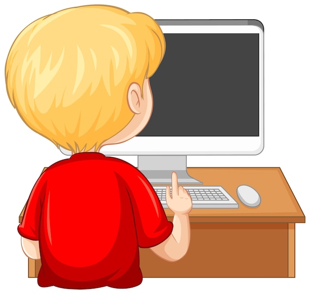 Free Vector | Back view of a boy with computer on the table on white ... Free Vector | Back view of a boy with computer on the table on white ...
