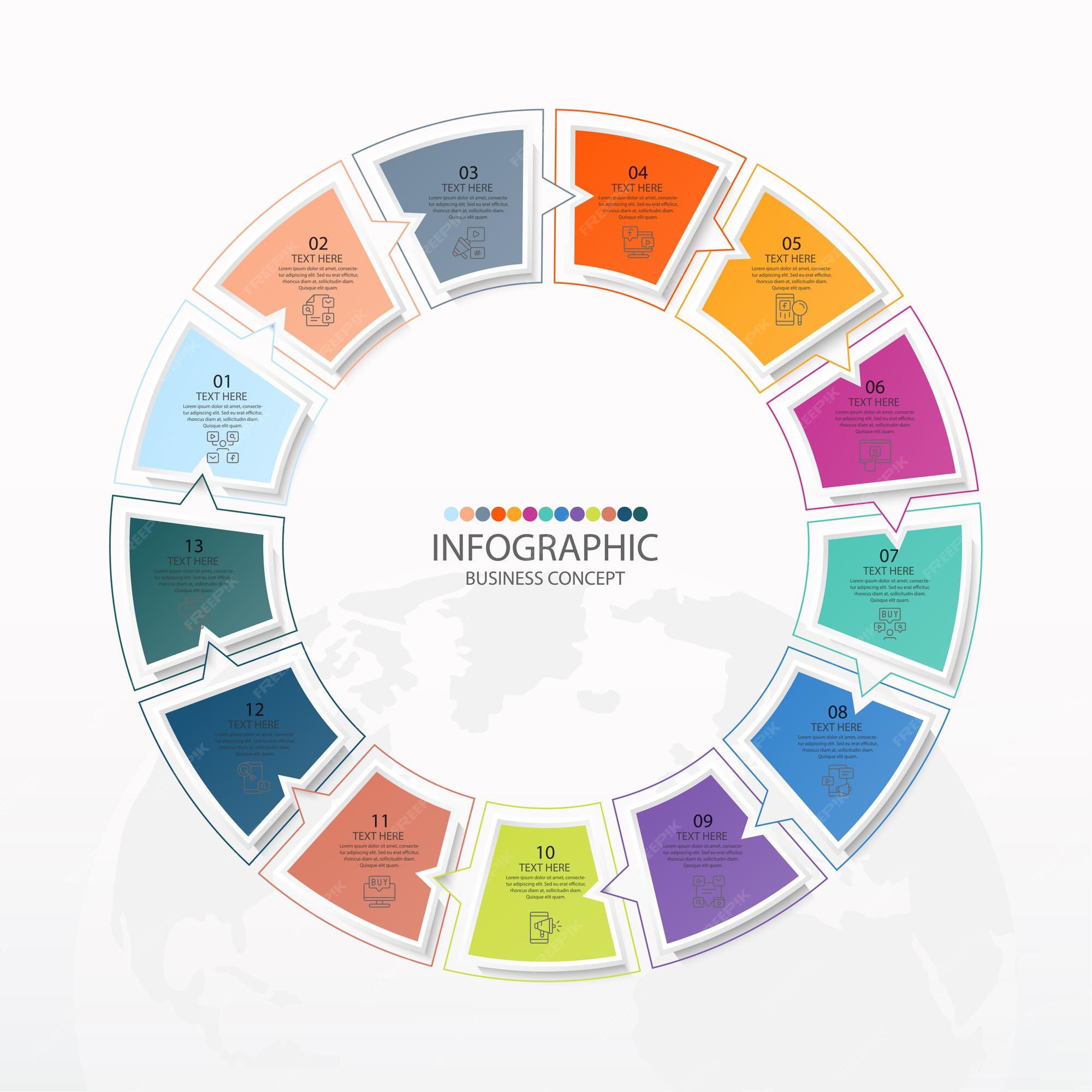 13단계 프로세스 또는 옵션 프로세스 차트 프로세스 다이어그램 프레젠테이션 워크플로 레이아웃 순서도 인포그래프에 사용되는 기본 원형 인포그래픽 템플릿 벡터