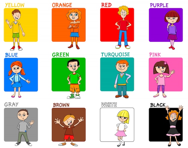 Premium Vector | Basic colors educational set with kids Premium Vector | Basic colors educational set with kids