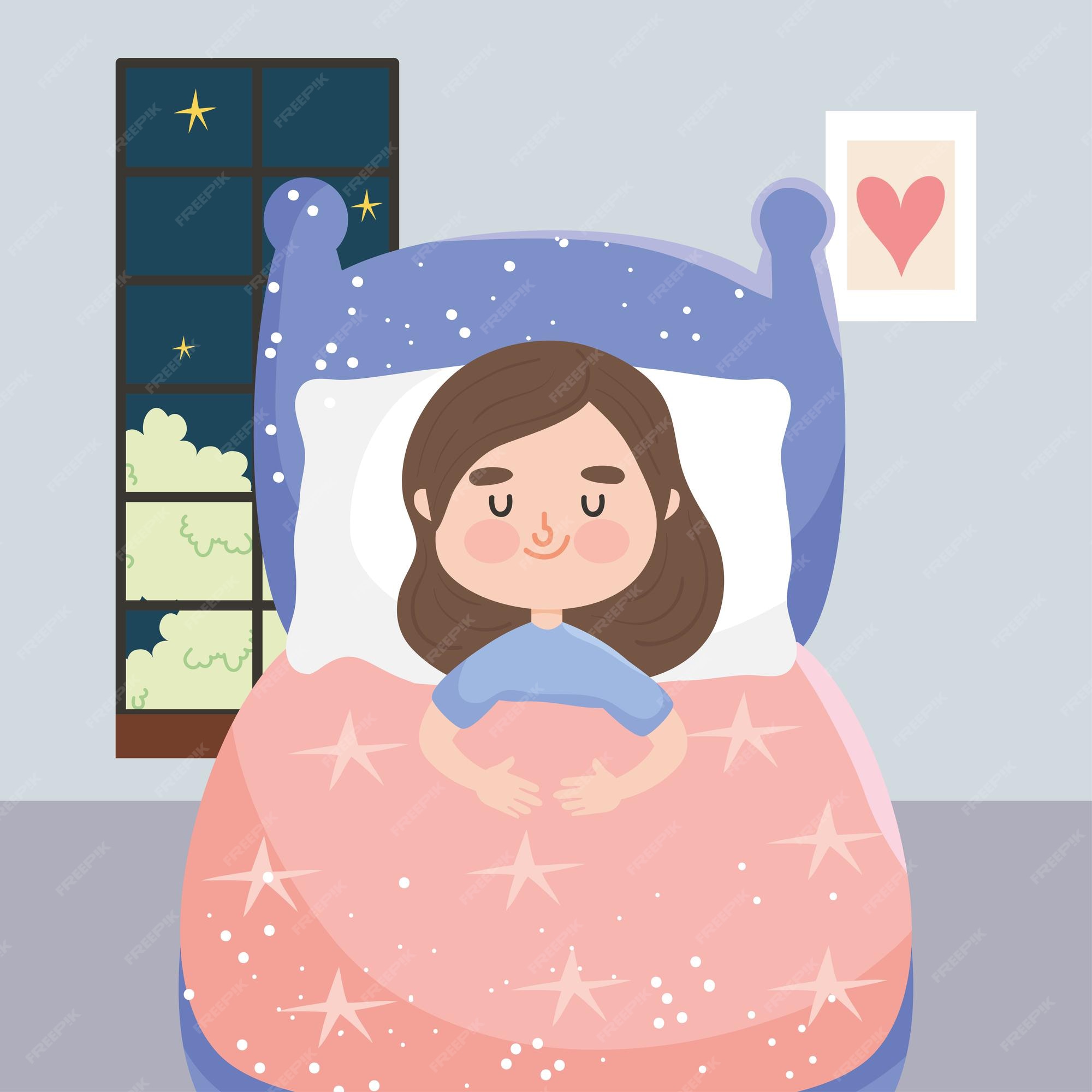 Premium Vector Bedroom Illustration With Sleeping Girl In Bed