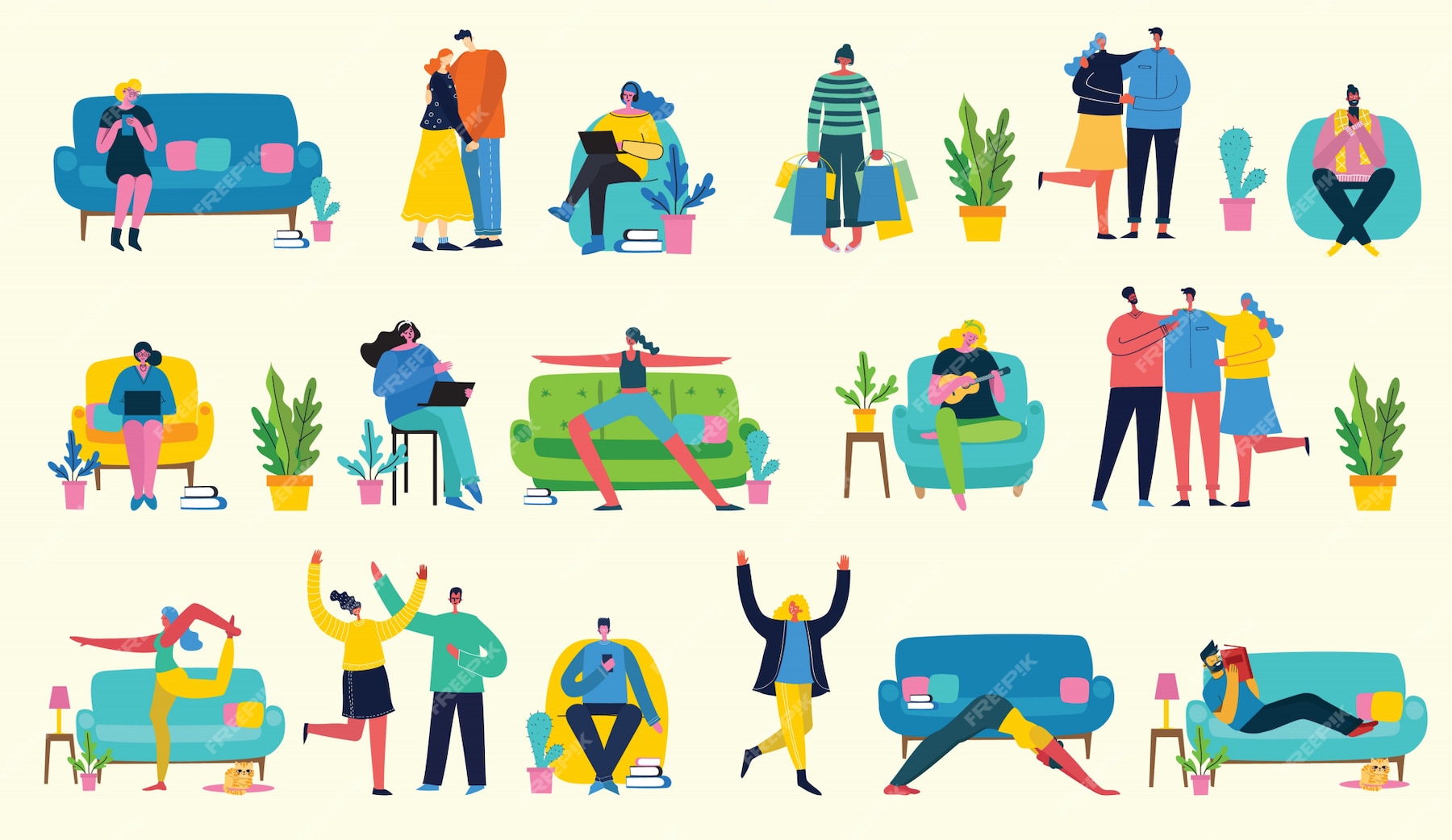 Premium Vector Big Collage Of People Activity At Home Play Guitar
