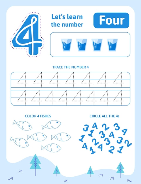 Free Vector | Blue number four worksheet Free Vector | Blue number four worksheet