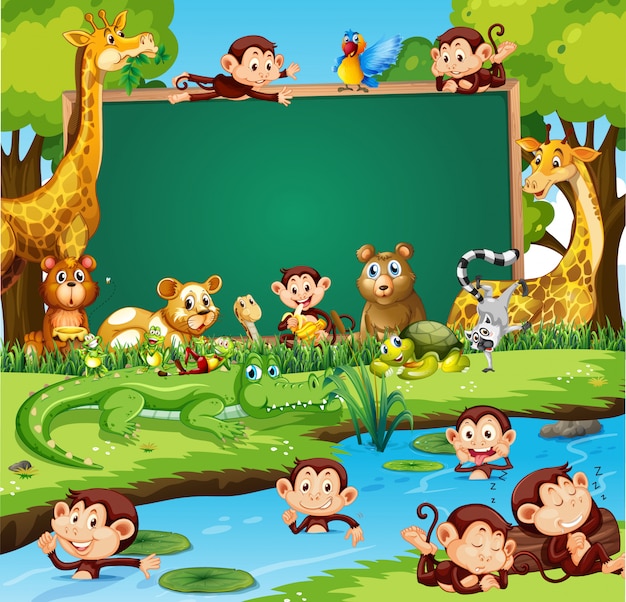 Free Vector | Border template design with cute animals in forest Free Vector | Border template design with cute animals in forest
