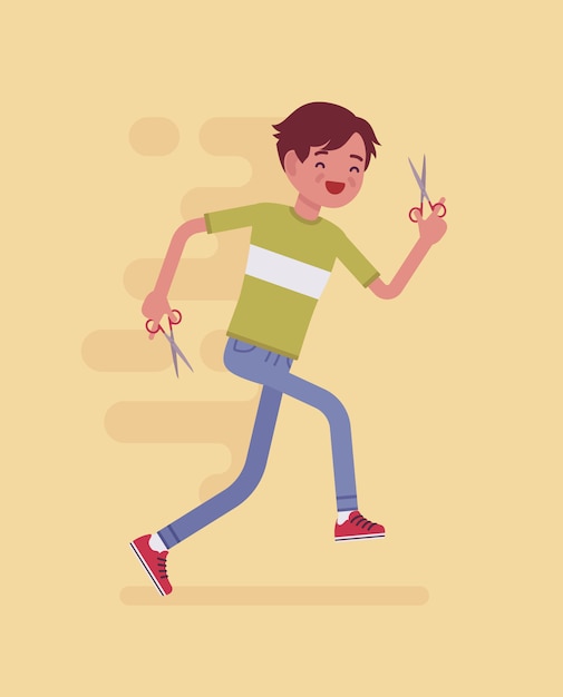 Premium Vector | Boy running with scissors Premium Vector | Boy running with scissors