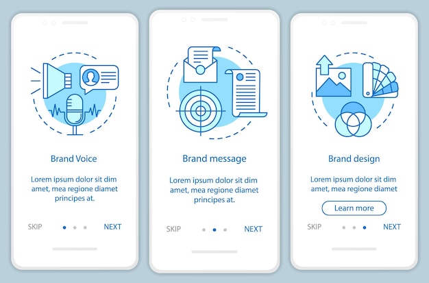 브랜딩 요소 온보딩 모바일 앱 페이지 화면 벡터 템플릿 브랜드 보이스 선형 삽화가 있는 연습 웹 사이트 단계 브랜드 메시지와 디자인 Ux Ui Gui 스마트폰