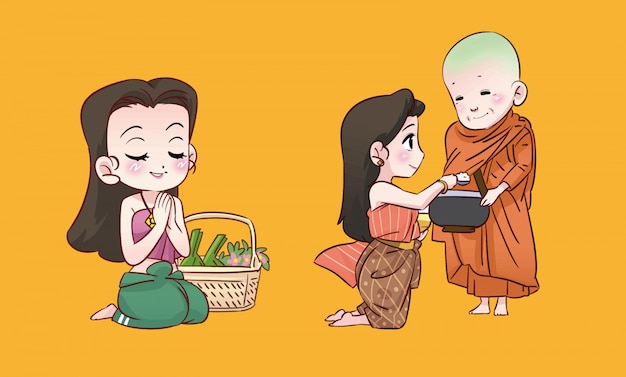 Premium Vector | Buddhist girl and monk thai cartoon Premium Vector | Buddhist girl and monk thai cartoon