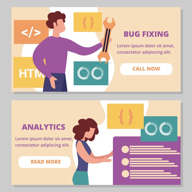Premium Vector Bug Fixing And Analytics Horizontal Banners Set
