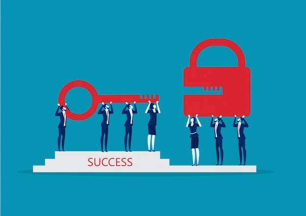 Premium Vector | Business team hold gold key to unlock lock Premium Vector | Business team hold gold key to unlock lock